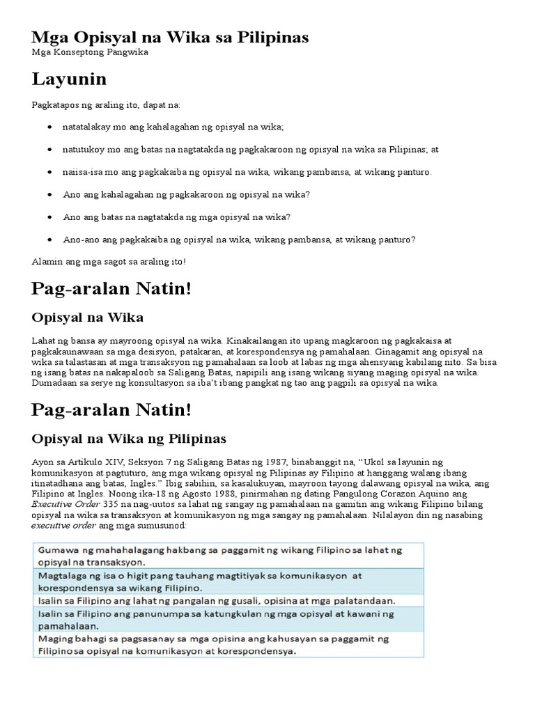 Mga Opisyal Na Wika Sa Pilipinas | PDF