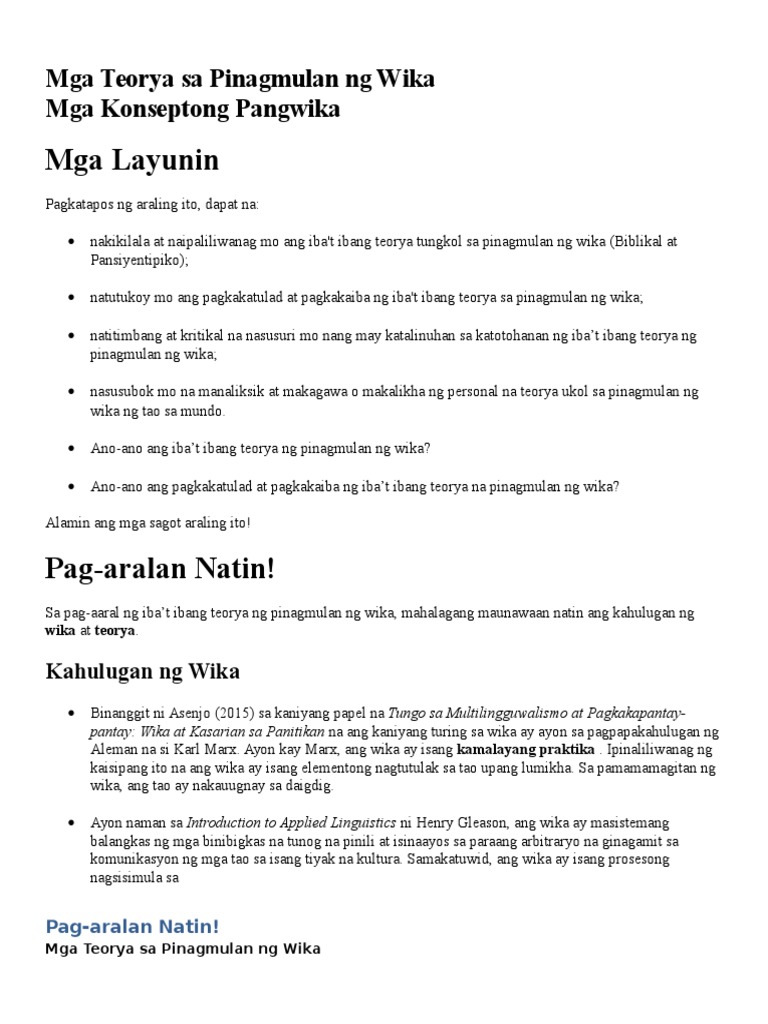 Mga Teoryang Pinagmulan NG Wika | PDF