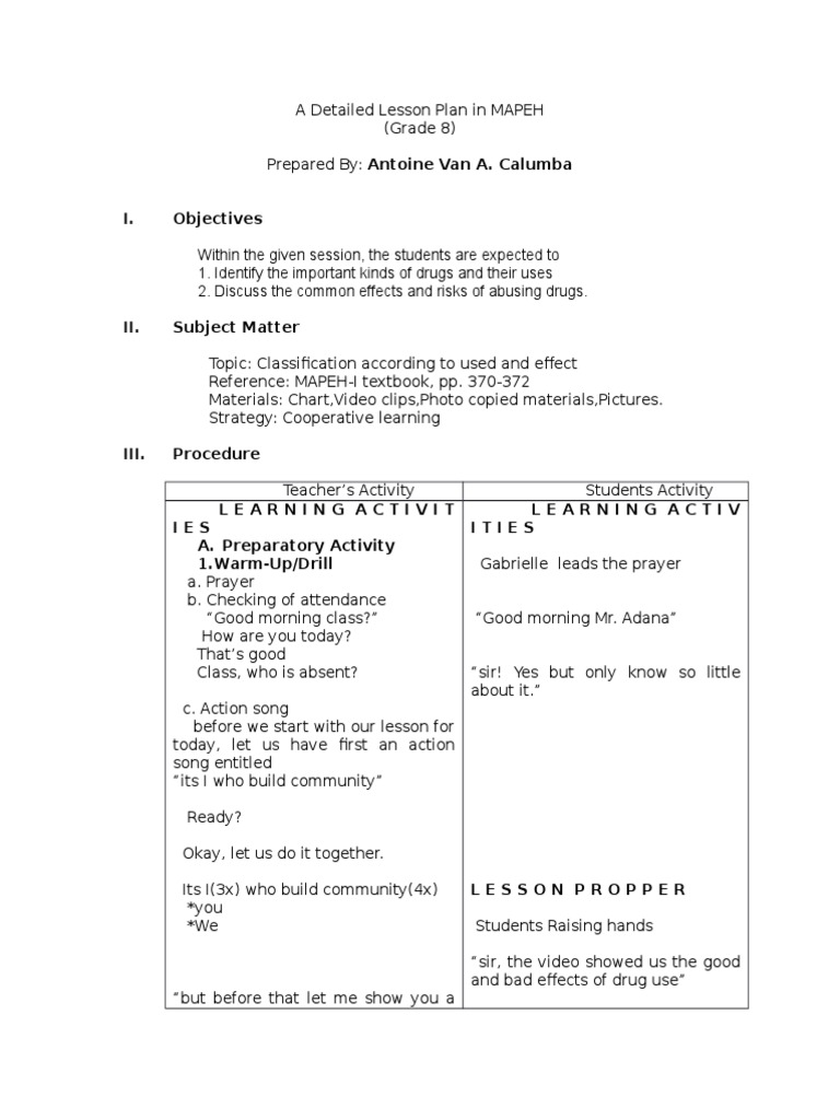 Lesson Plan on Drug Education for Grade 8 | PDF | Drugs | Lesson Plan
