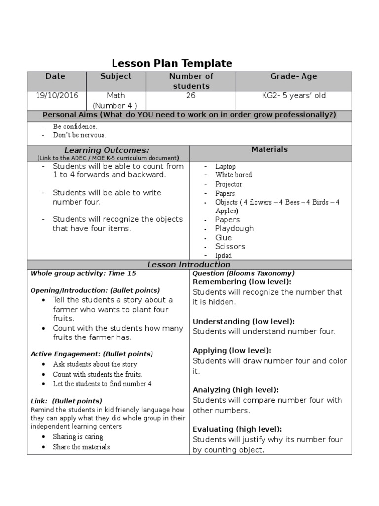 Lesson Plan Template: Date Subject Number of Students Grade-Age | PDF ...