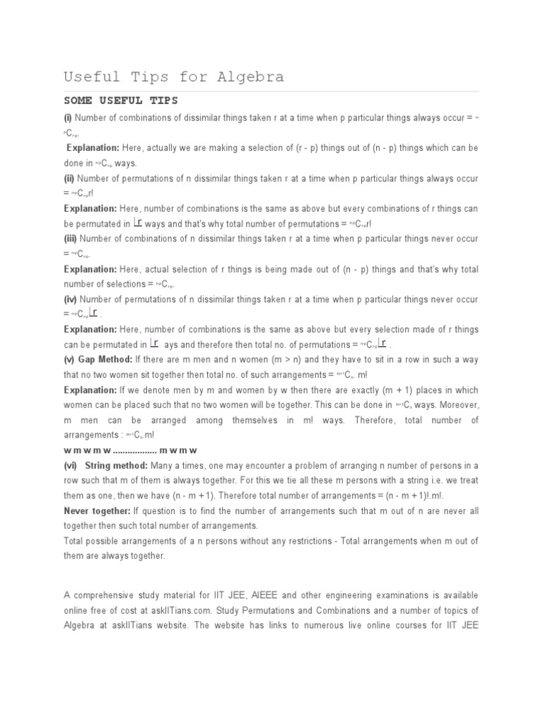 Useful Tips For Algebra | PDF | Permutation | Algebra