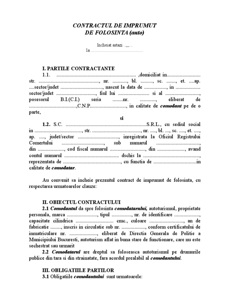 Contract de Comodat Auto