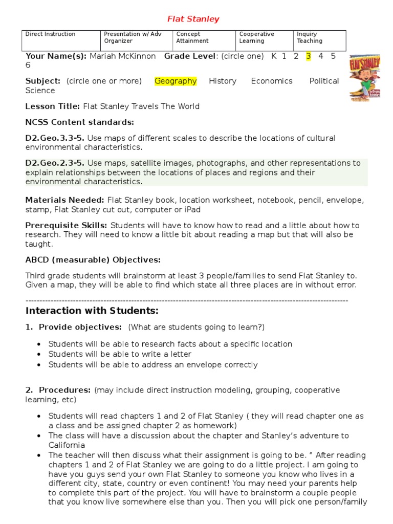 Flat Stanley Lesson Plan | PDF | Teaching | Education Theory
