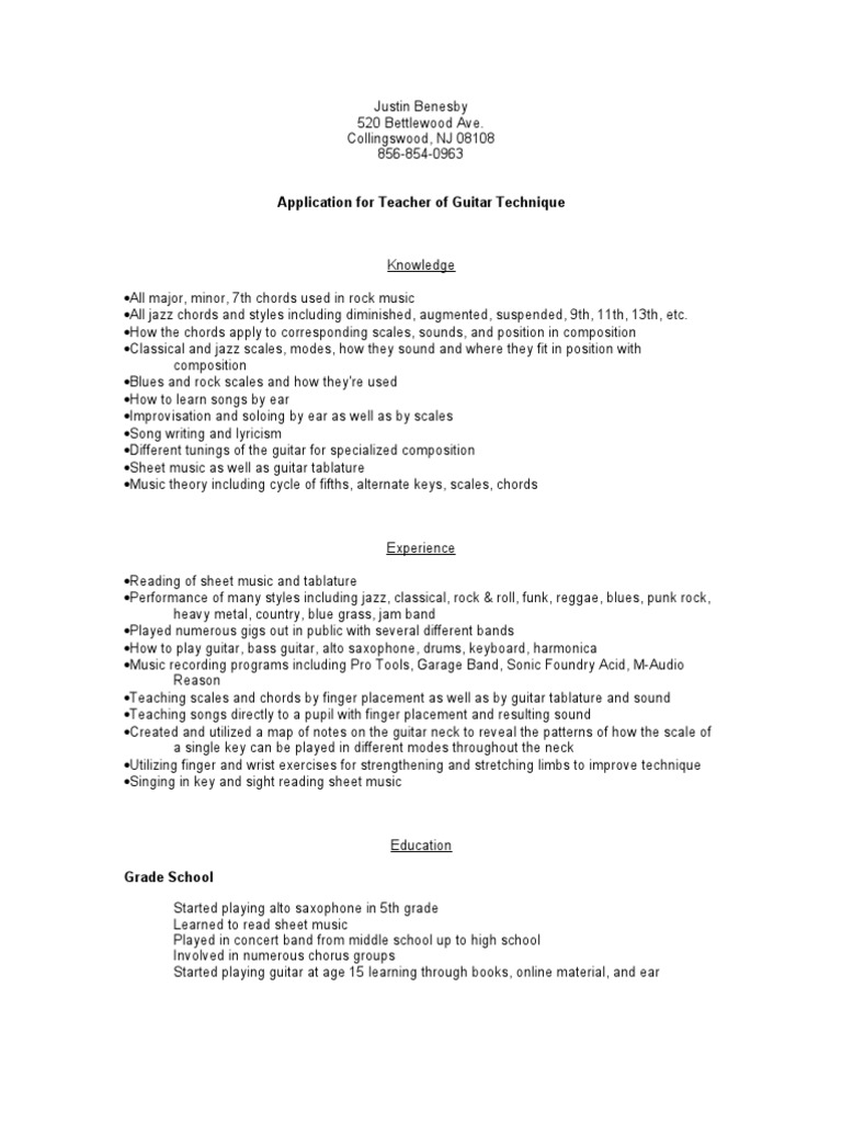 Guitar Teacher Resume | PDF | Guitars | Chord (Music)