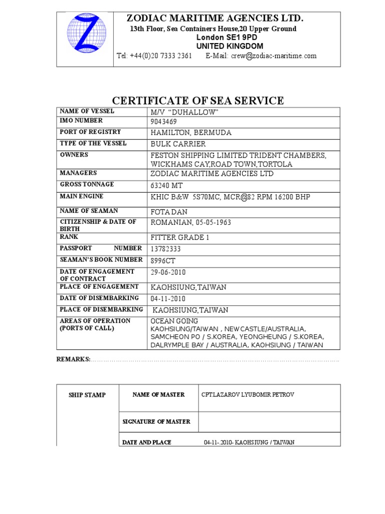 Certificate of Sea Service: Zodiac Maritime Agencies LTD | PDF