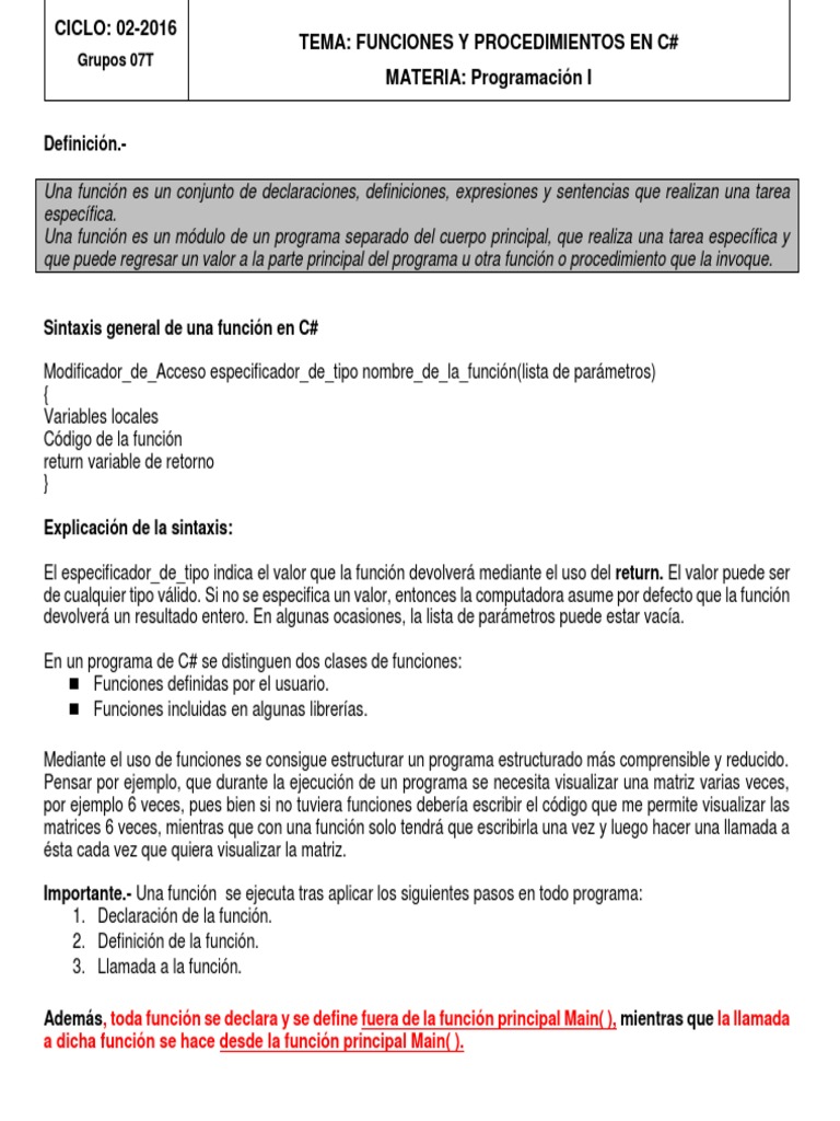 Funciones y Procedimientos en C# | PDF | C Sharp (lenguaje de ...
