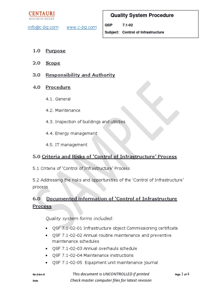 Preview of ISO 9001:2015 QSP 7.1-02 Control of Infrastructure Quality Procedure | PDF | Quality ...
