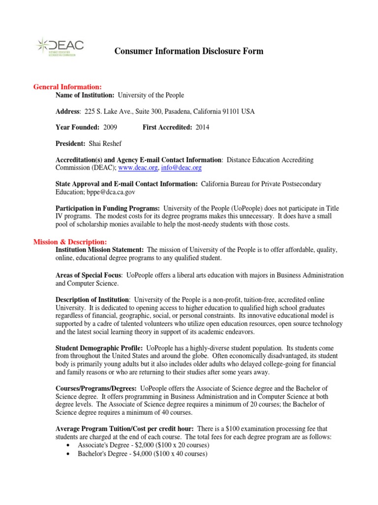 Consumer Information Disclosure Form | PDF | Academic Degree | University