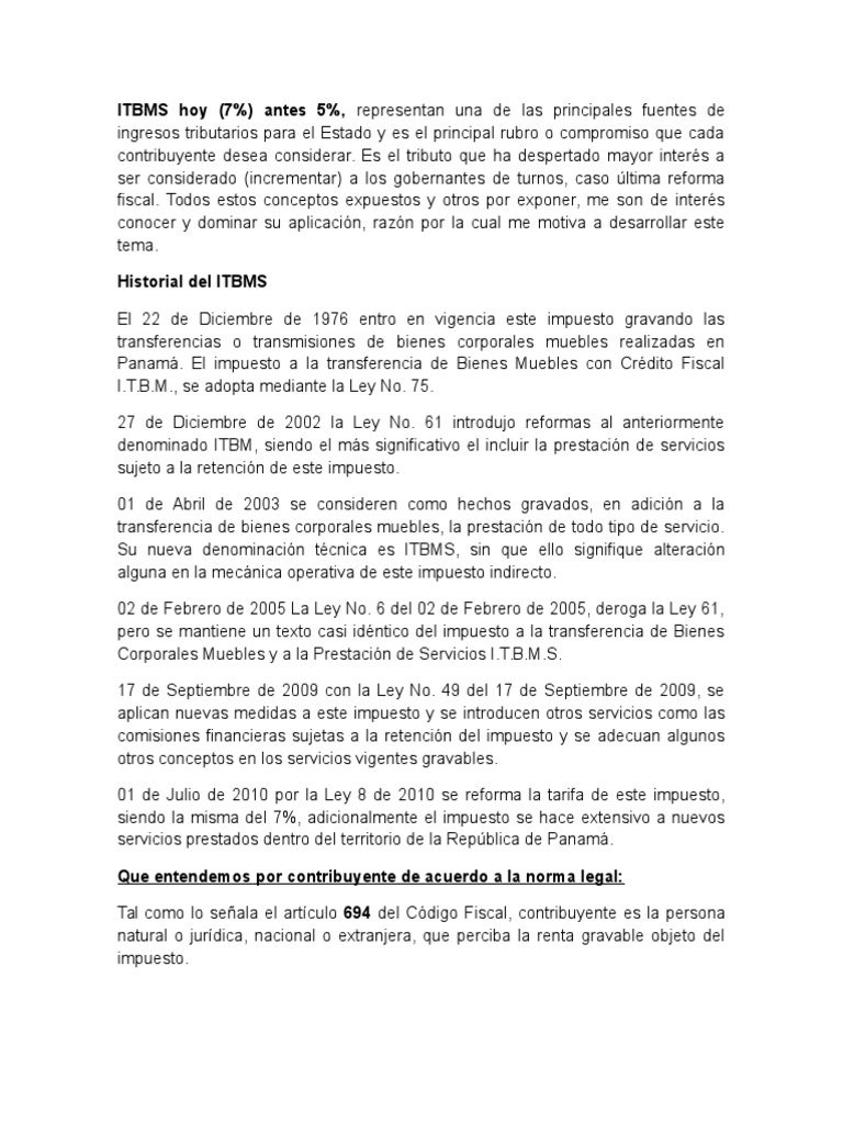ITBMS en Panamá: Historia y Contribuyentes | PDF | Impuestos | Contabilidad