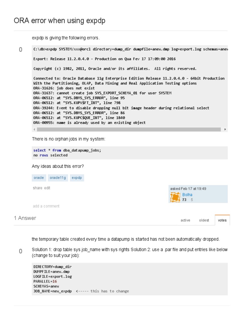 Oracle - OrA Error When Using Expdp - Stack Overflow | PDF