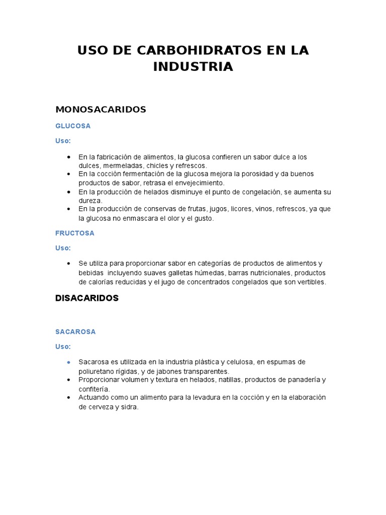 Uso Industrial De Carbohidratos Pdf Carbohidratos Alimentos