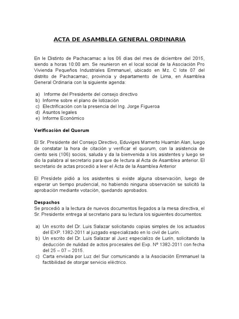 Acta de Asamblea General Ordinaria | PDF | Gobierno
