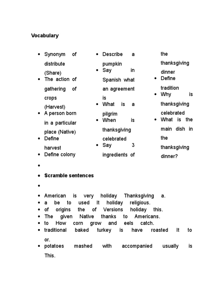 Thanksgiving Vocabulary and Activities Guide | PDF | Cooking, Food ...