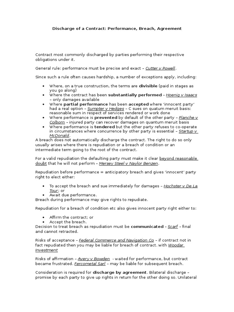 Discharge of A Contract: Performance, Breach, Agreement | PDF