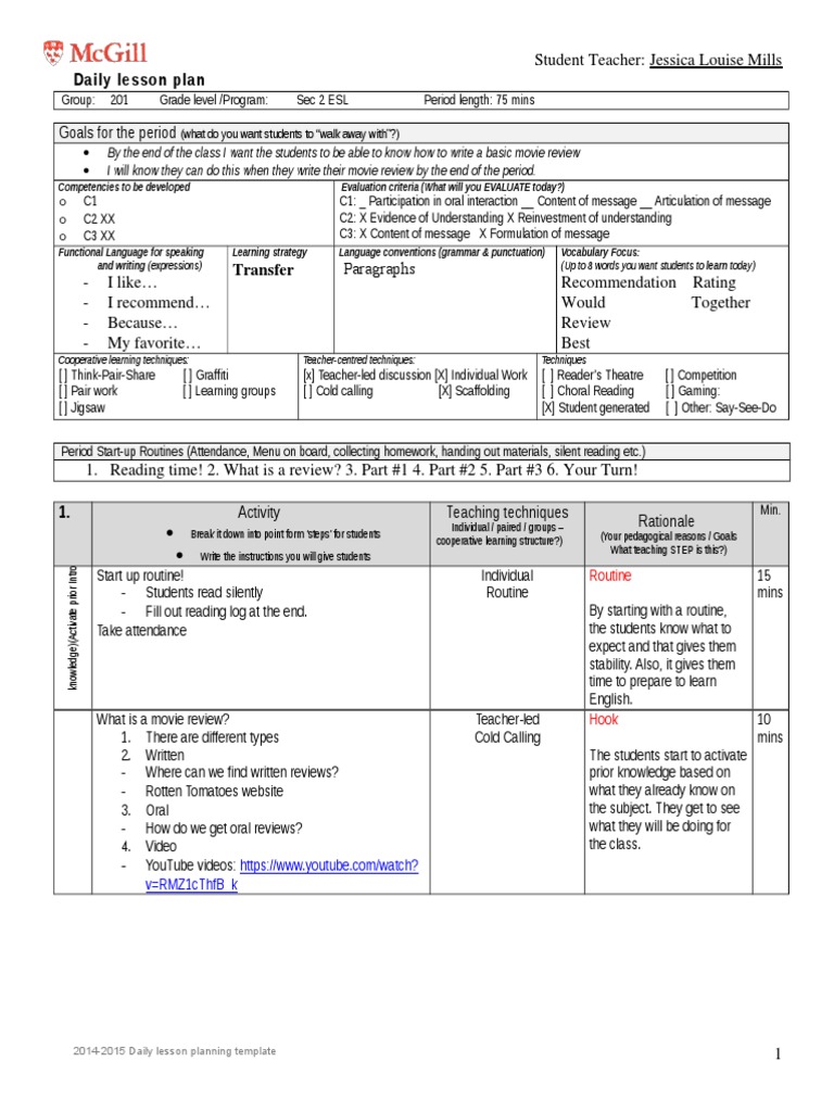Sec 2 Movie Review Lesson Plan | PDF | Lesson Plan | Cognition