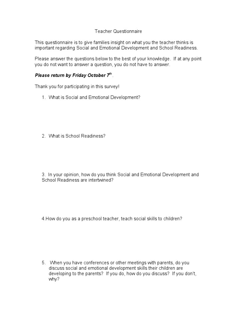Ps Teacher Questionnaire A Schnitzius | PDF