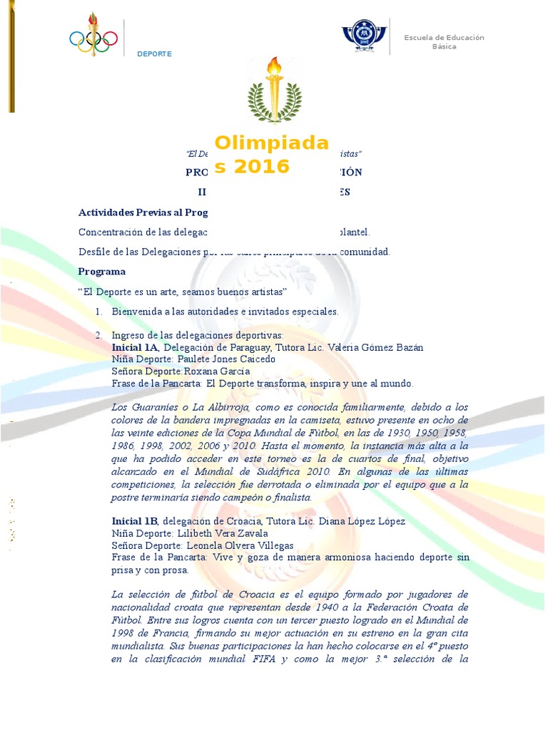 Programa de Inauguracion de Las Olimpiadas de La Escuela 2016 | PDF | FIFA Copa del Mundo ...