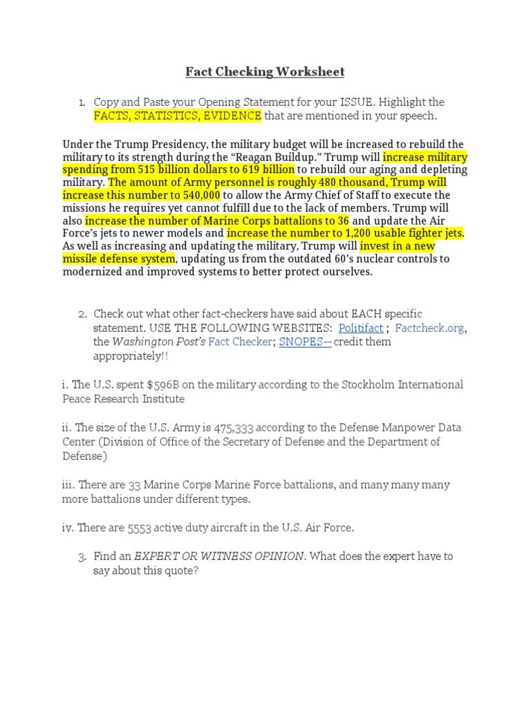 Fact Checking Worksheet | PDF | Politics