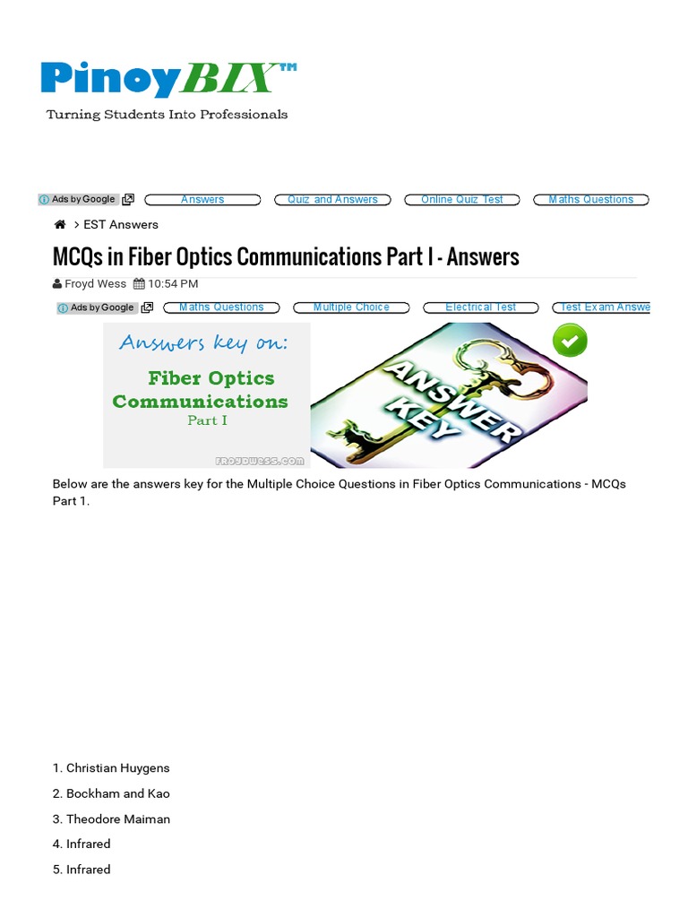 Optical Fiber Communications MCQs Answers | PDF | Multiple Choice | Optics