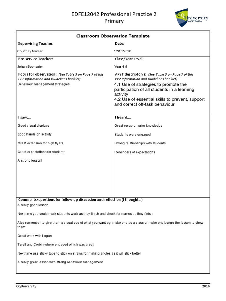Classroom Observation Template - Twelth of October Angles | PDF