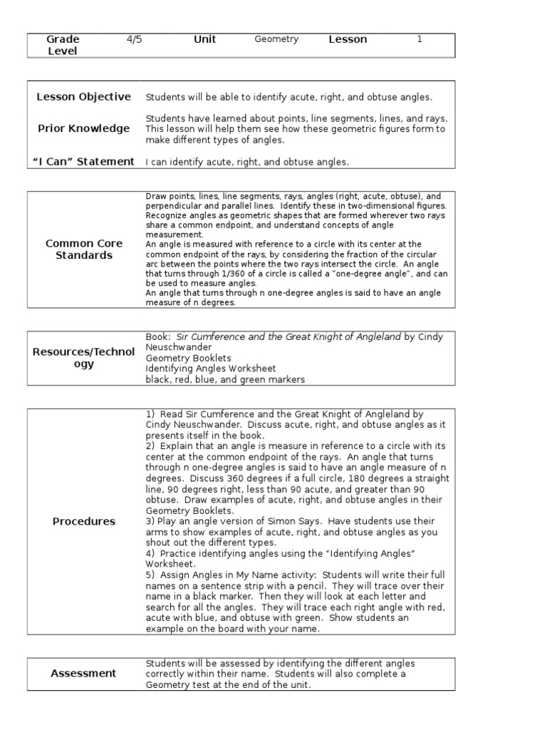 identifying angles lesson plan | Angle | Elementary Geometry | Free 30 ...