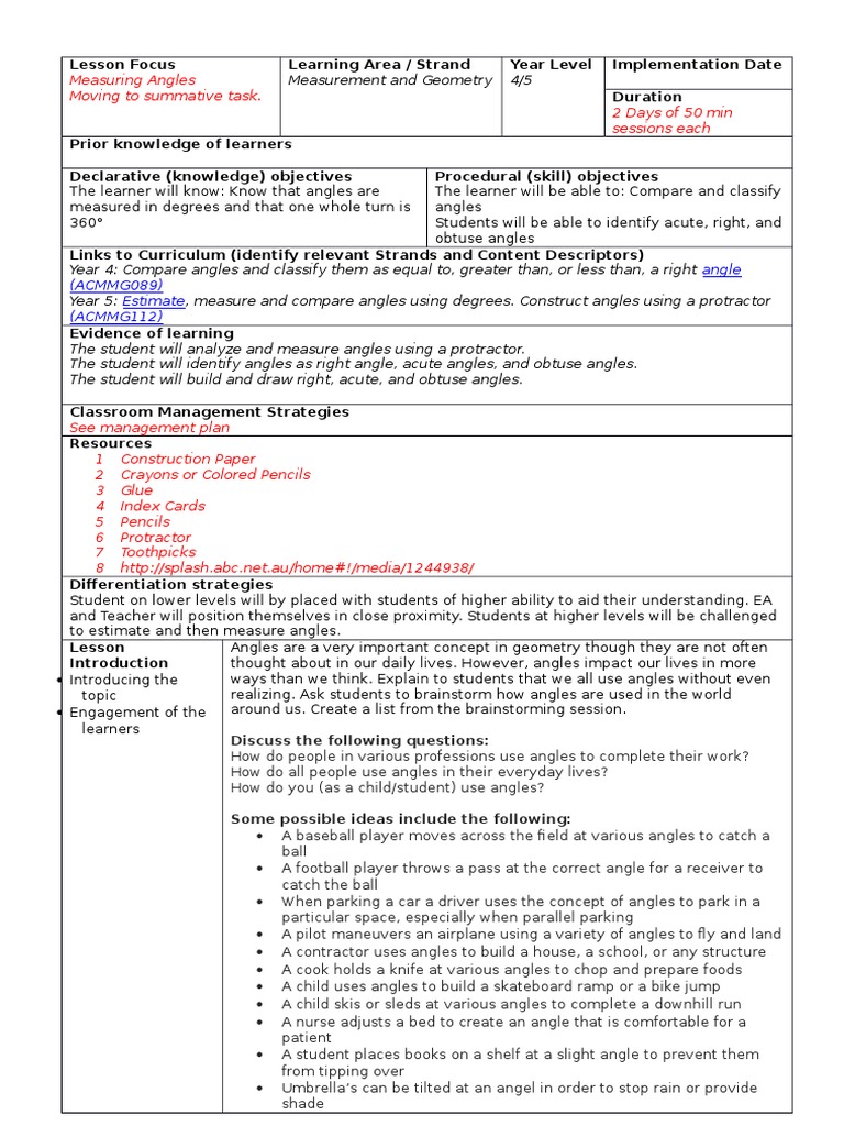 Lesson Plan Angles | Download Free PDF | Angle | Lesson Plan