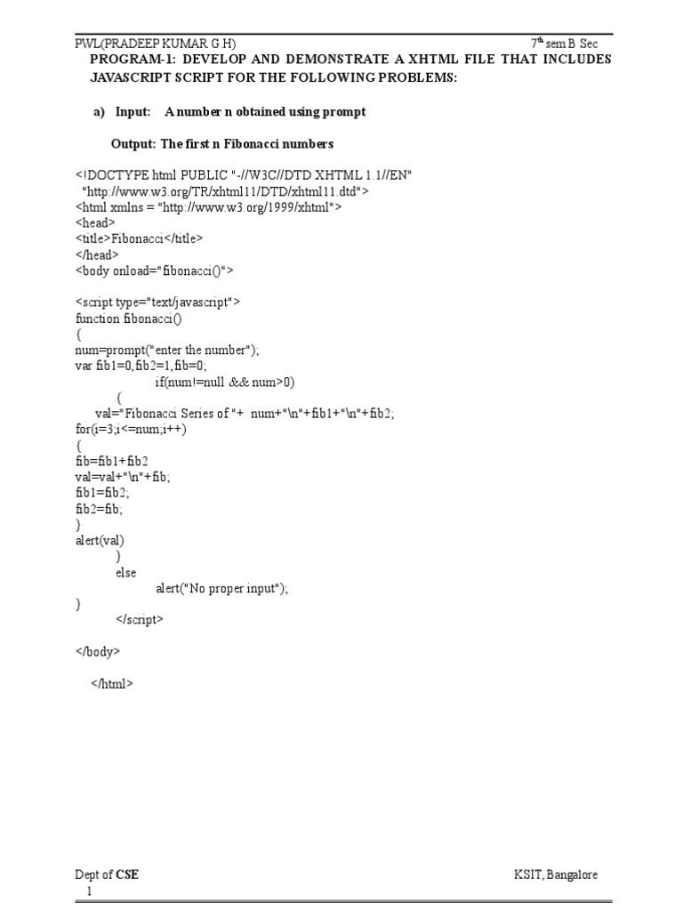 Program-1: Develop and Demonstrate A XHTML File That Includes Javascript Script For The ...