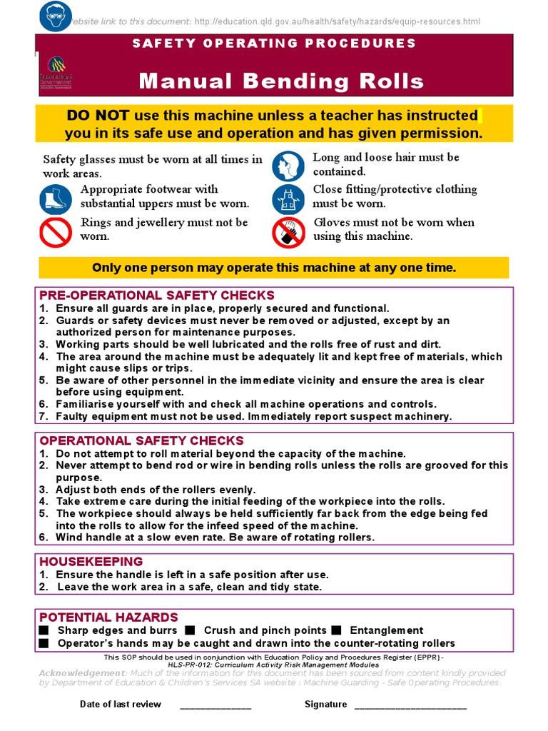 Safety Procedures and Potential Hazards for Operating Manual Bending ...