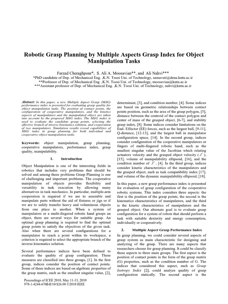 Robotic Grasp Planning by Multiple Aspects Grasp Index For Object Manipulation Tasks | PDF ...