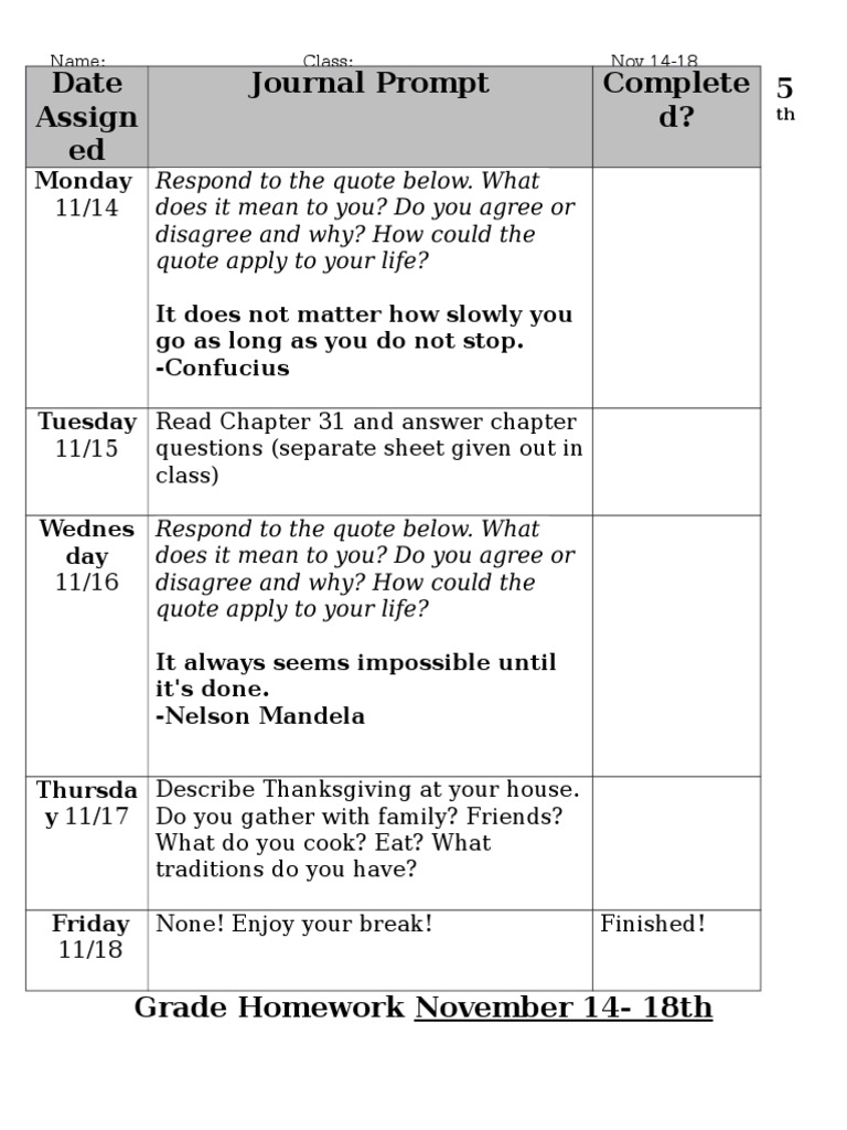 HW 5th Grade Nov 14-18 | PDF
