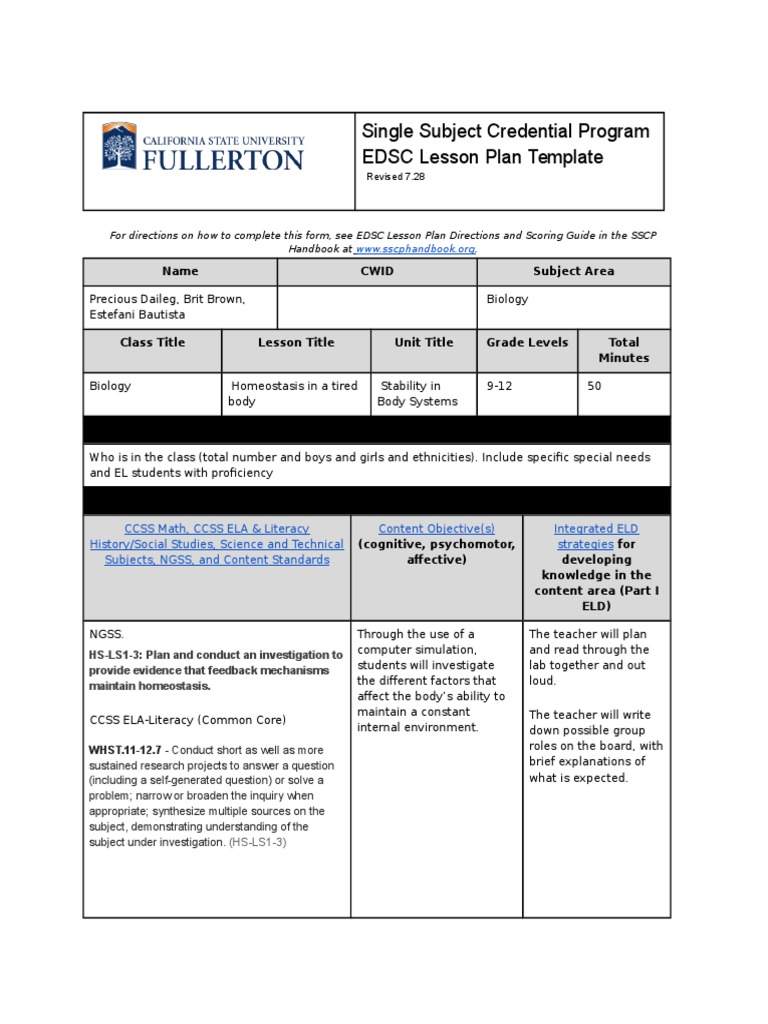 Single Subject Credential Program EDSC Lesson Plan Template | PDF | Educational Assessment ...
