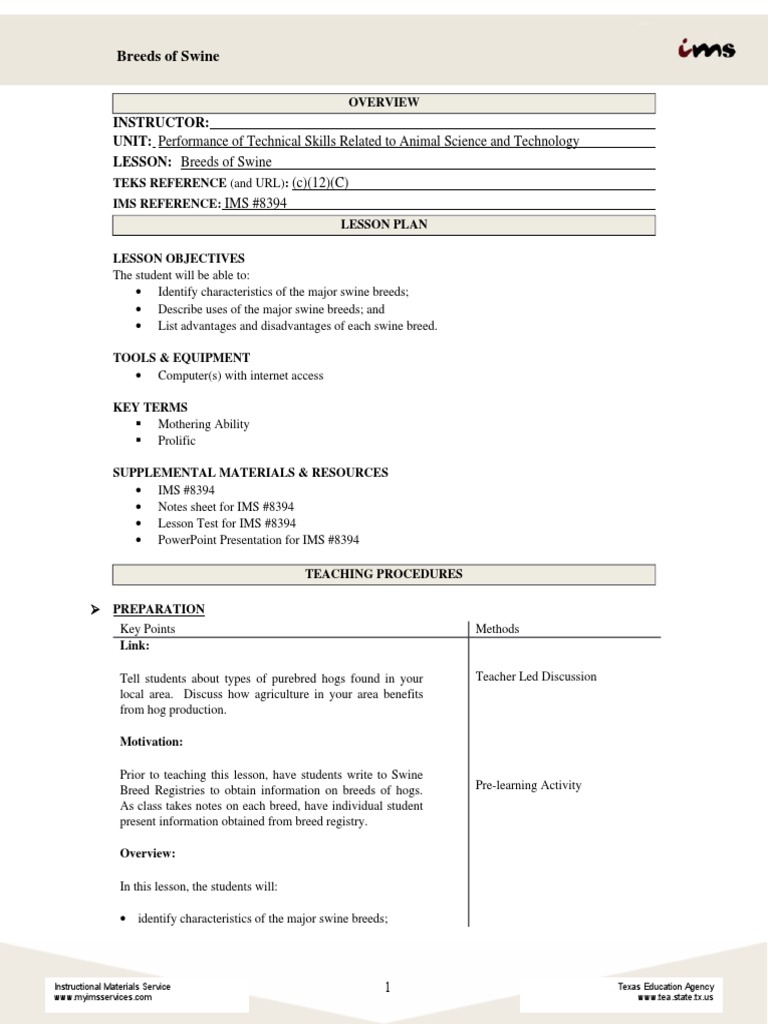 Breeds of Swine - Lesson Plan | PDF | Pig | Domestic Pig