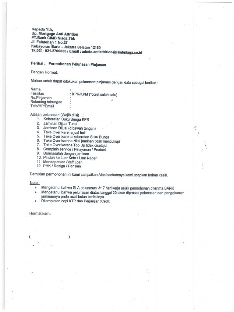 Form Permohonan Pelunasan KPR Kosong | PDF