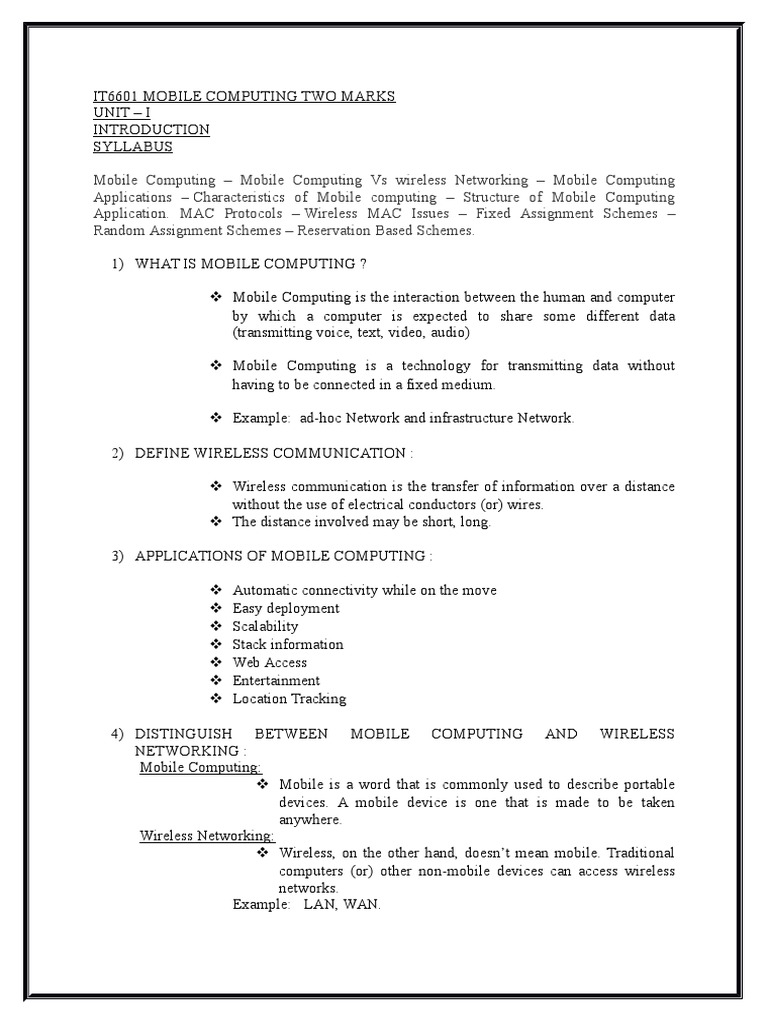 It6601 Mobile Computing 2 Marks With Answers | PDF | Routing | Transmission Control Protocol