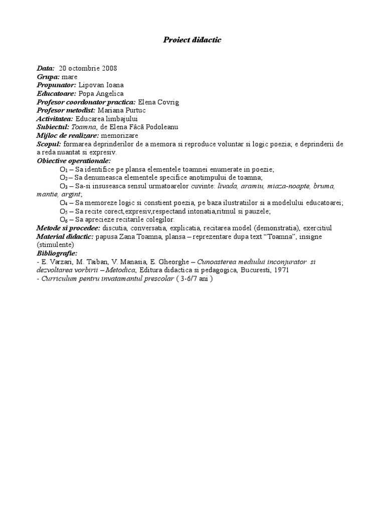 Proiect Didactic Memorizare | PDF