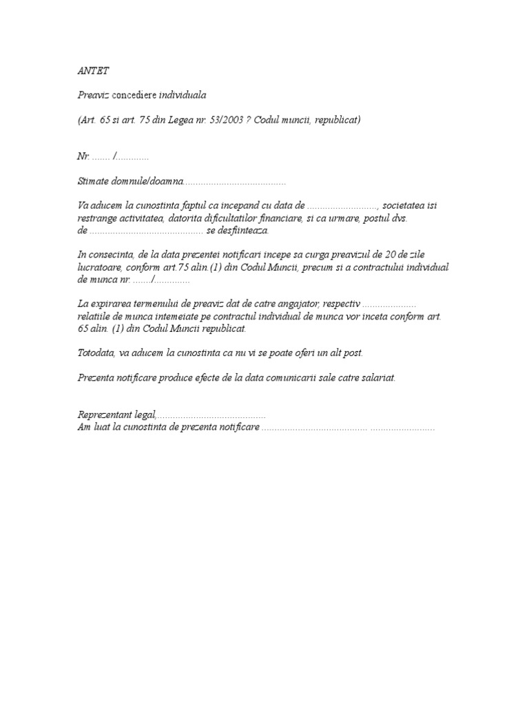 Model Preaviz Concediere Individuala | PDF