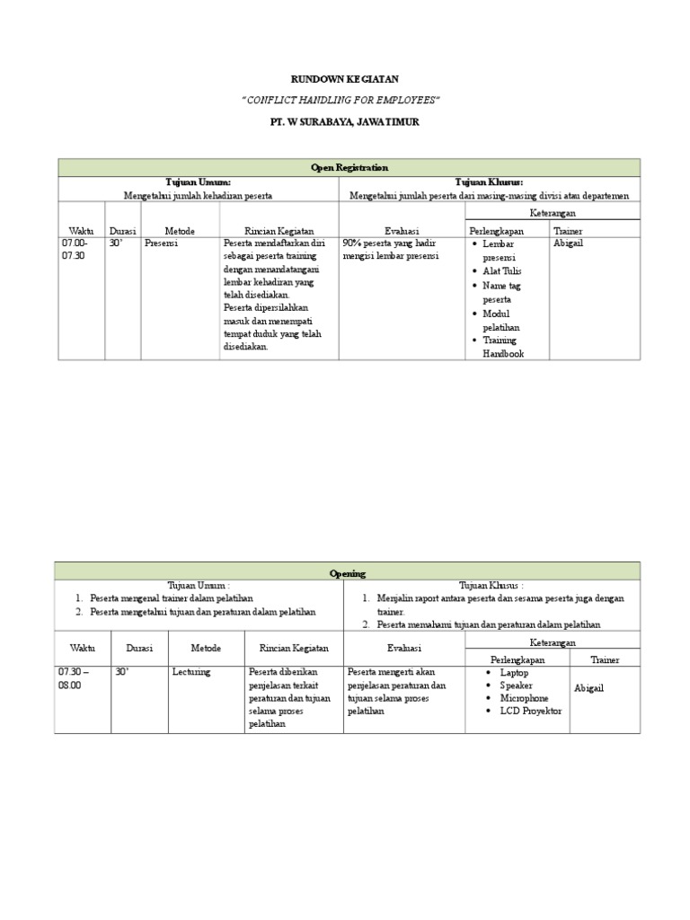 Contoh Rundown Kegiatan Training PT. W | PDF