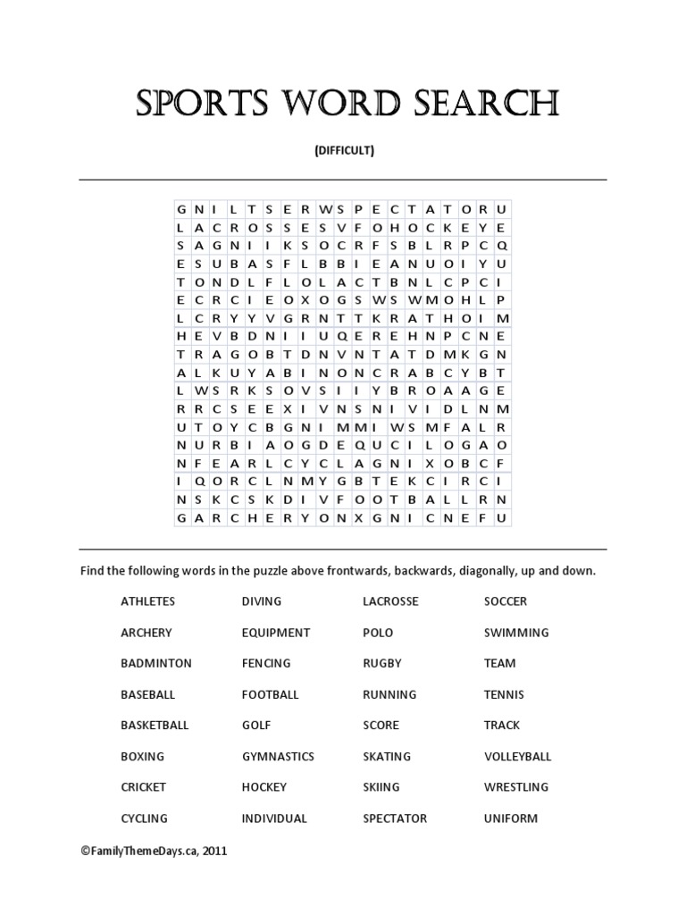 Difficult Sports Word Search | PDF