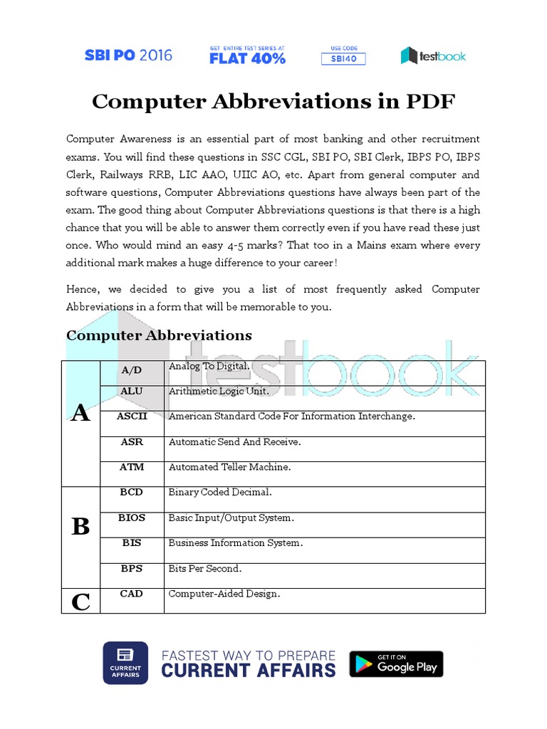 Essential Computer Abbreviations PDF | PDF | Read Only Memory | Optical ...