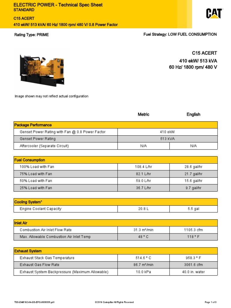 Spec Sheet C15 60Hz 410ekw Prime | PDF | Exhaust Gas | Engines