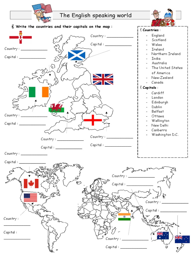 The English Speaking World: Write The Countries and Their Capitals On ...