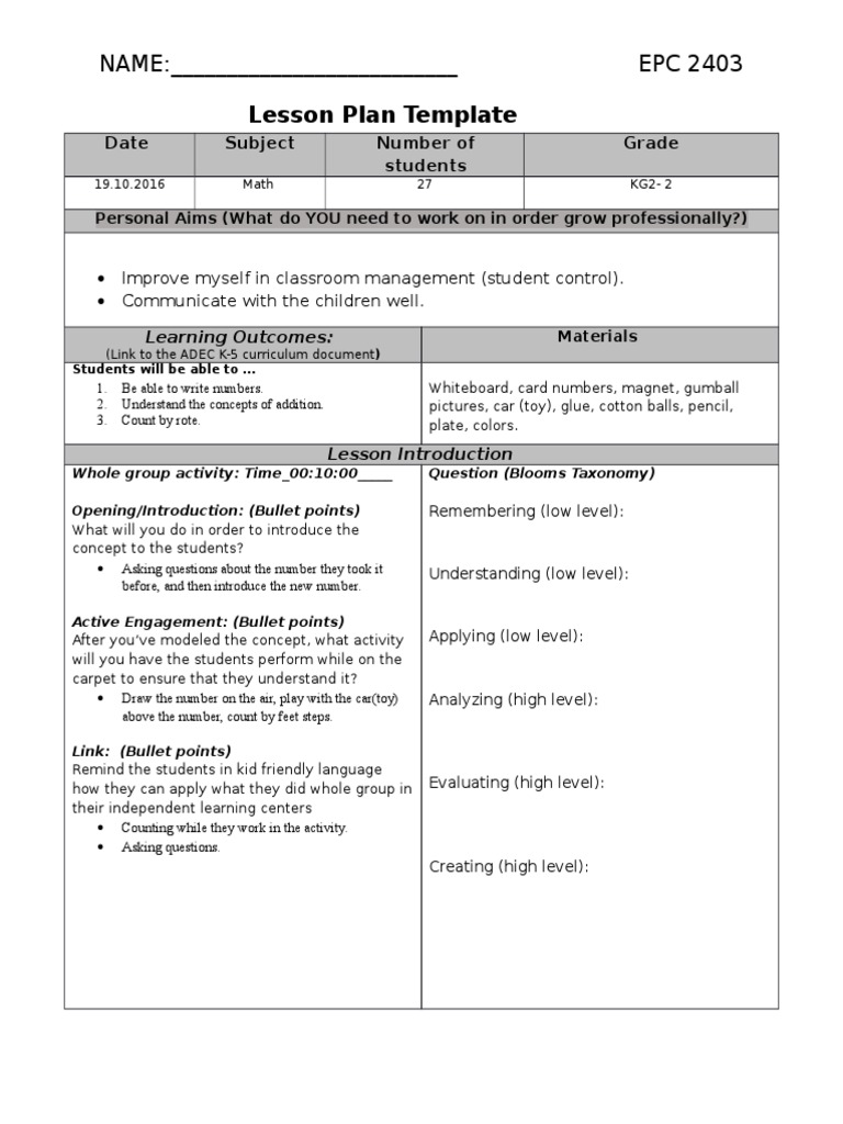 Lesson Plan Template: NAME: - EPC 2403 | PDF | Lesson Plan | Teaching