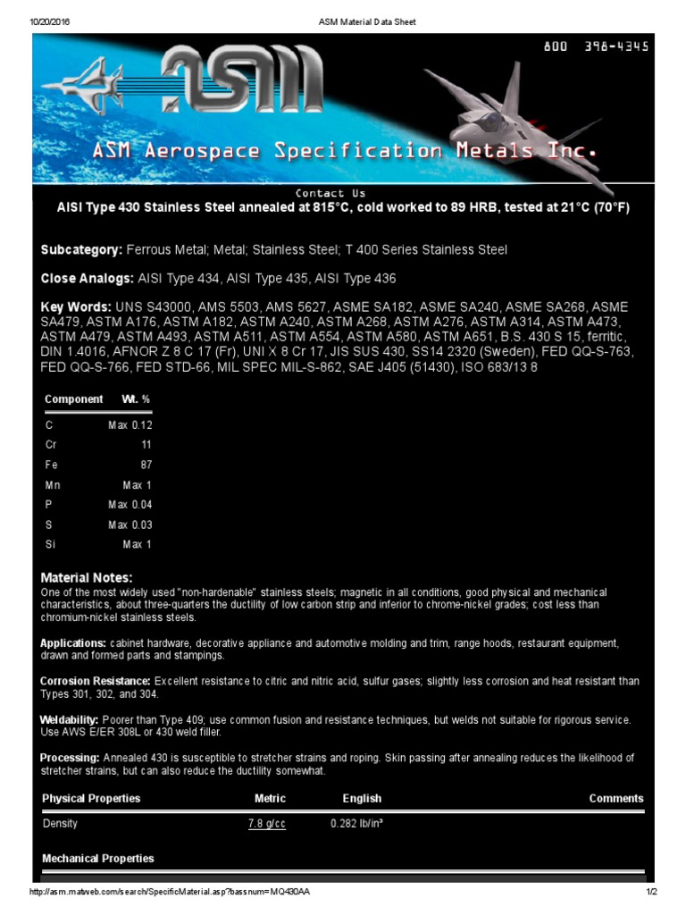 ASM Material Data Sheet 430 Annealed | PDF | Ultimate Tensile Strength ...