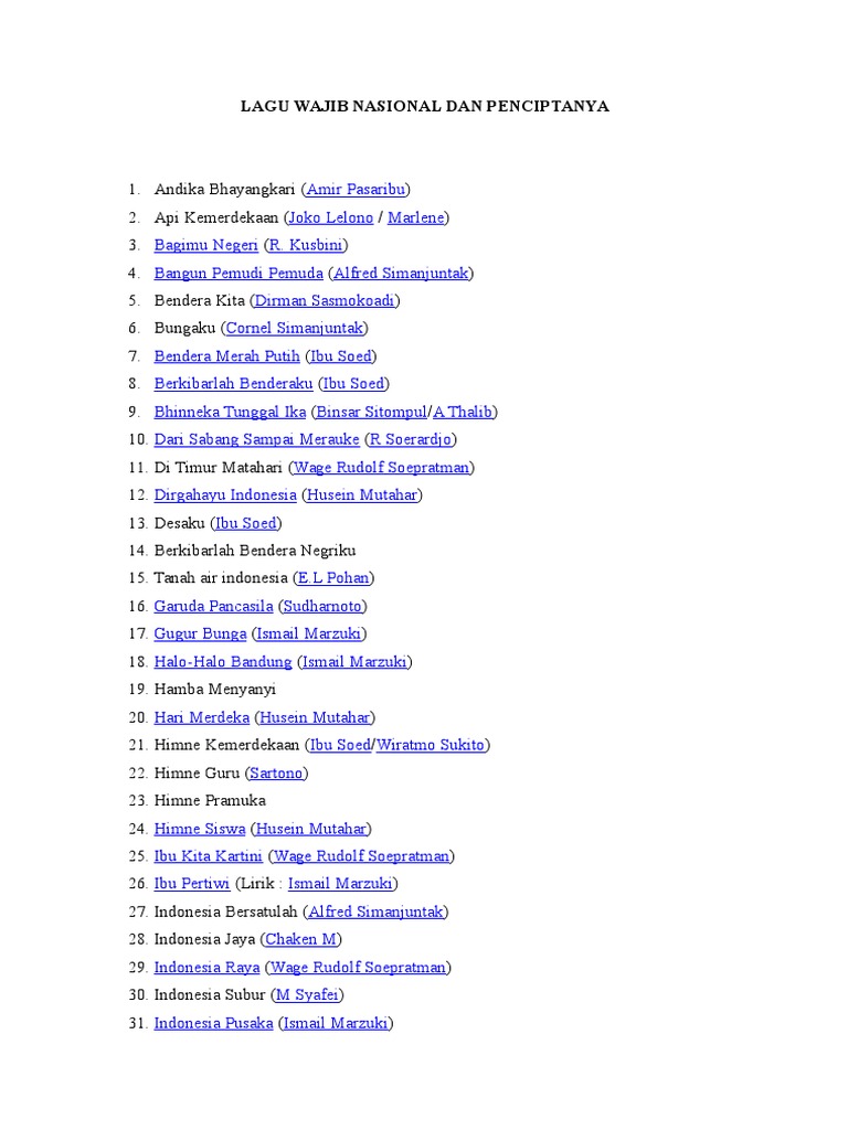 Lagu Wajib Nasional Dan Penciptanya | PDF