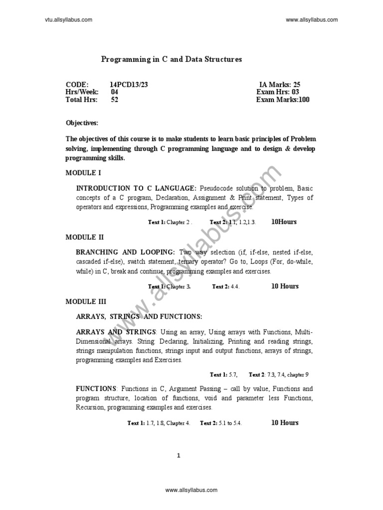 Programming In C Data Structures 14pcd23 Pdf Integer Computer Science Pointer Computer 