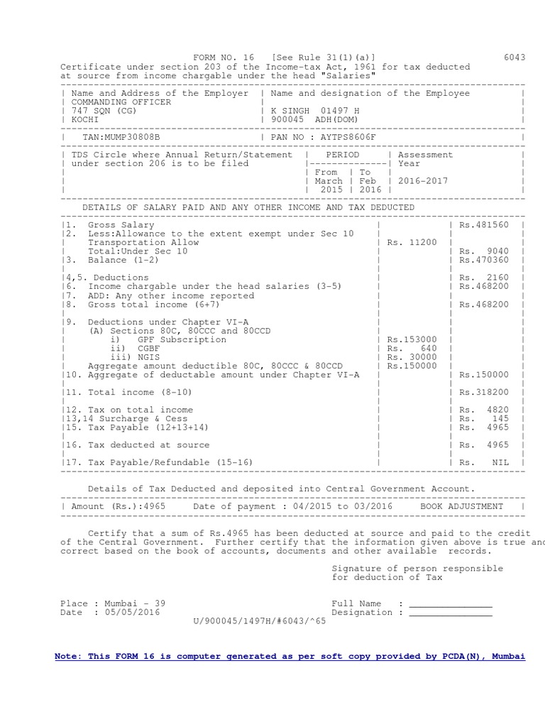 Form No 16 - Jun2016 | PDF