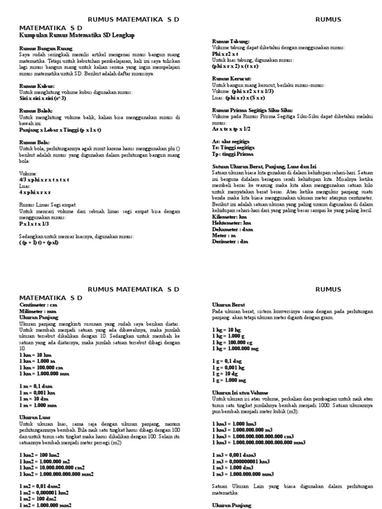 Kumpulan Rumus Matematika SD Dan Contoh Soal | PDF