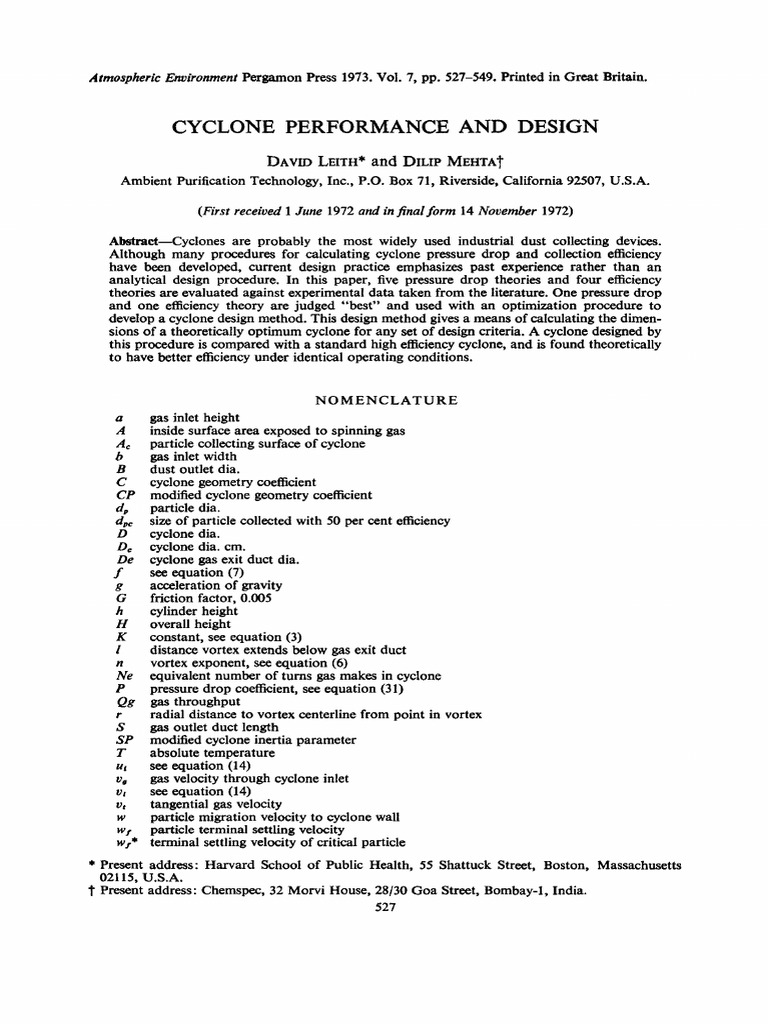 Cyclone Performance and Design PDF | PDF | Gases | Physical Quantities