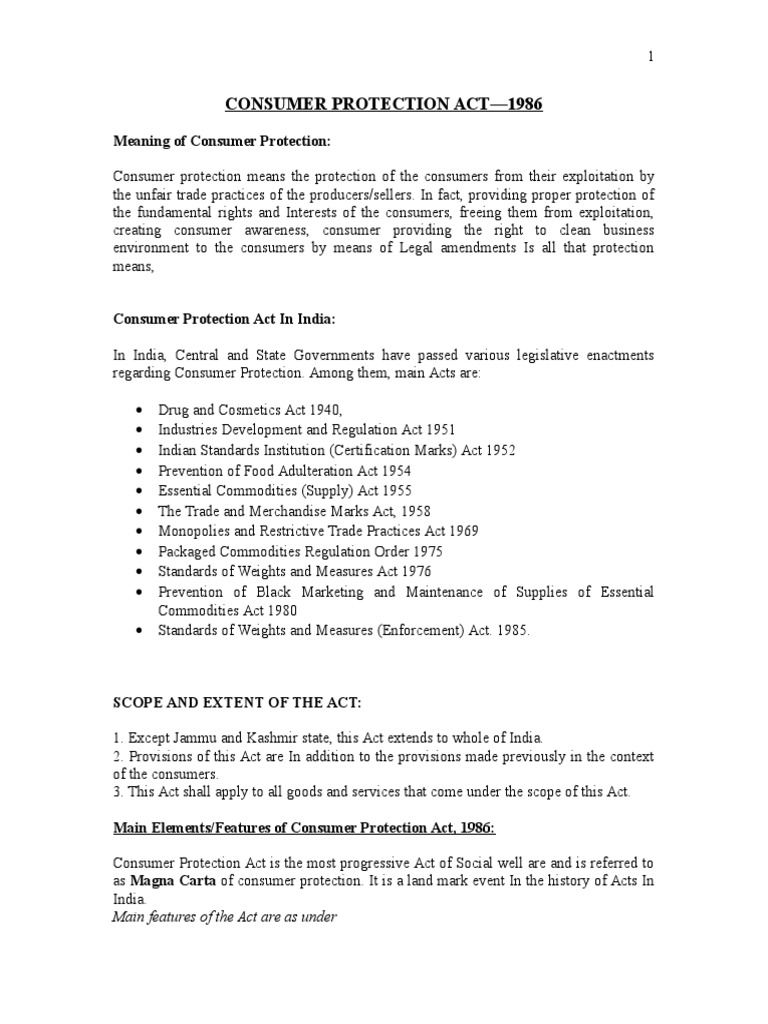 Consumer Protection Act 1986 Notes | Consumer Protection | Government ...