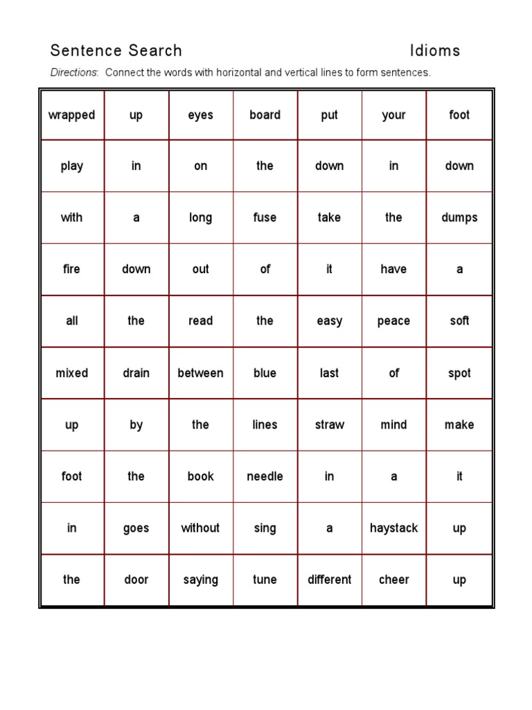Sentence Search Idioms: Directions: Connect The Words With Horizontal ...